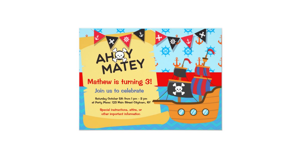 Pirate Birthday Party, Ahoy Matey Invitation | Zazzle.com