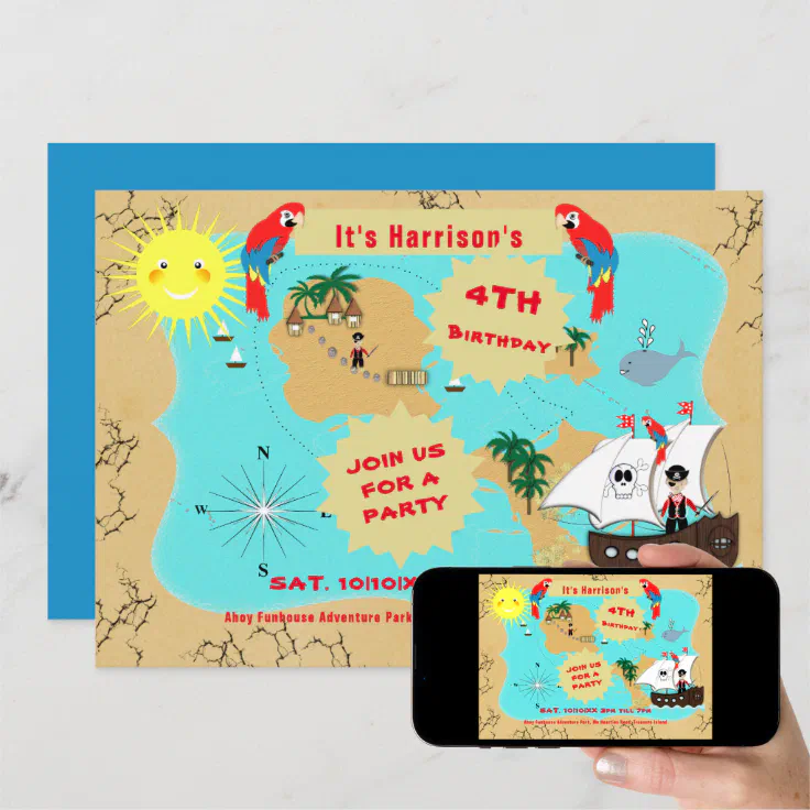 Pirate Birthday Treasure Map Ship Cute Invitation | Zazzle