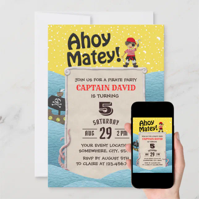 Pirate Boy Octopus Ahoy Matey Birthday Party Invitation | Zazzle
