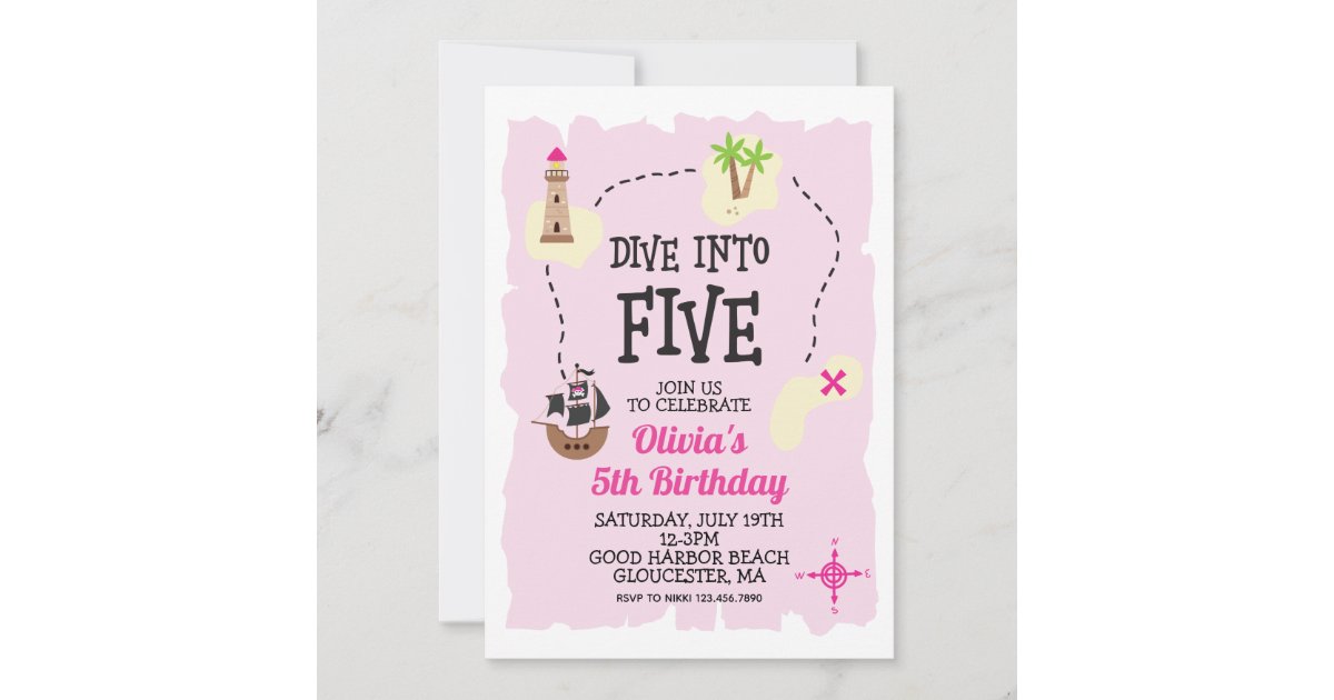 Pirate Dive into Five Pink 5th Birthday Invitation | Zazzle