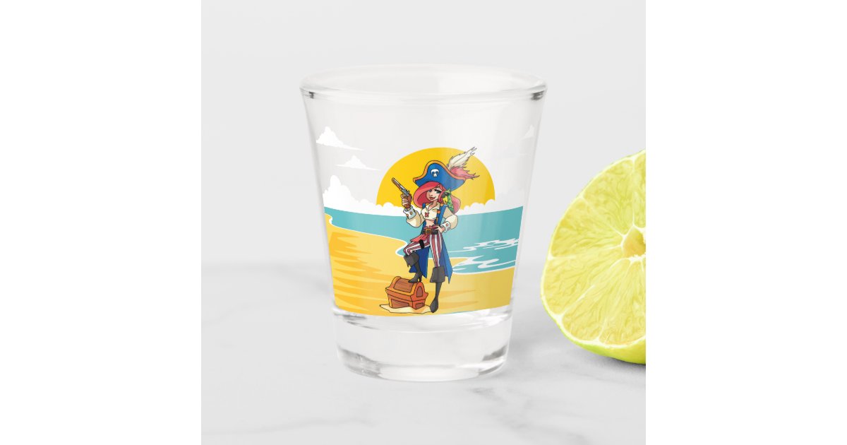 Pirate lady Treasure shot glass | Zazzle