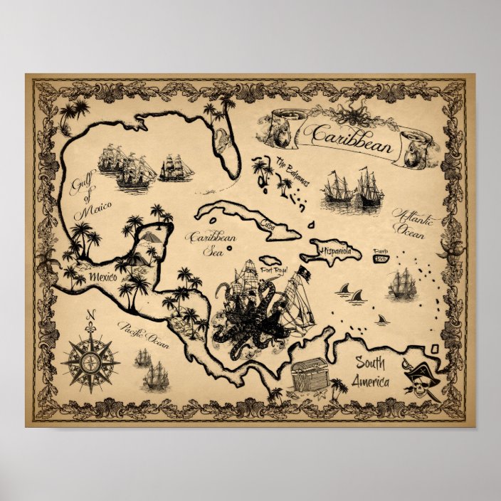 Pirate Map of the Caribbean with Kraken Poster | Zazzle.com