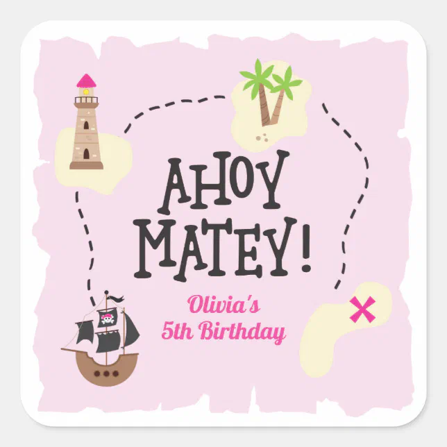 Pirate Map Pink Birthday Square Sticker | Zazzle