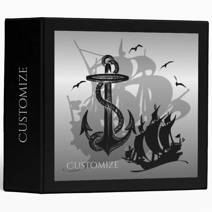 Pirate Ship & Anchor Black Silhouette Binder | Zazzle