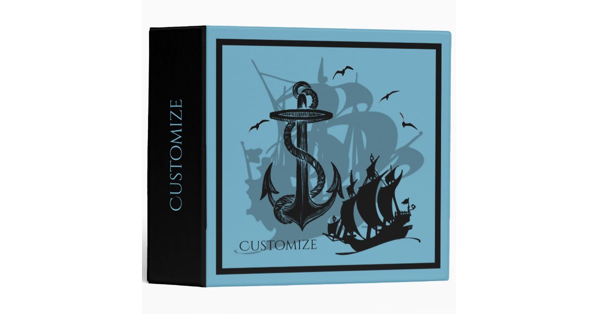 Pirate Ship & Anchor Black Silhouette Blue Binder | Zazzle