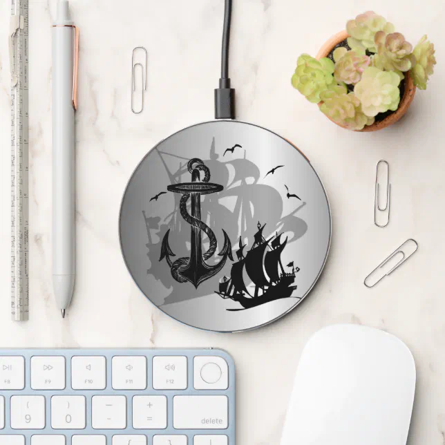 Pirate Ship And Anchor Silver Wireless Charger | Zazzle