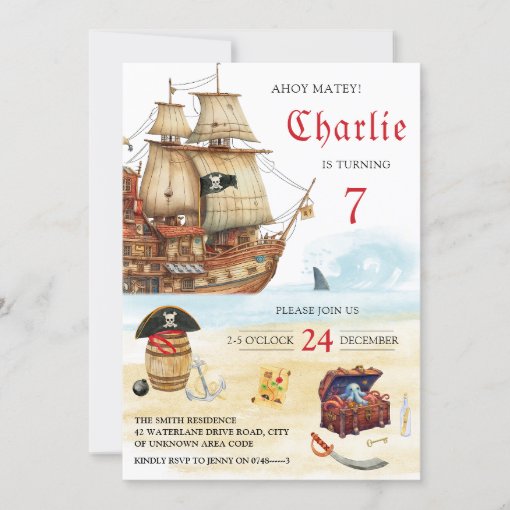 Pirate ship and treasure chest Kids Birthday Invitation | Zazzle