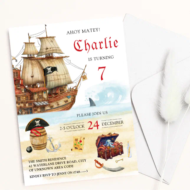 Pirate ship and treasure chest Kids Birthday Invitation | Zazzle