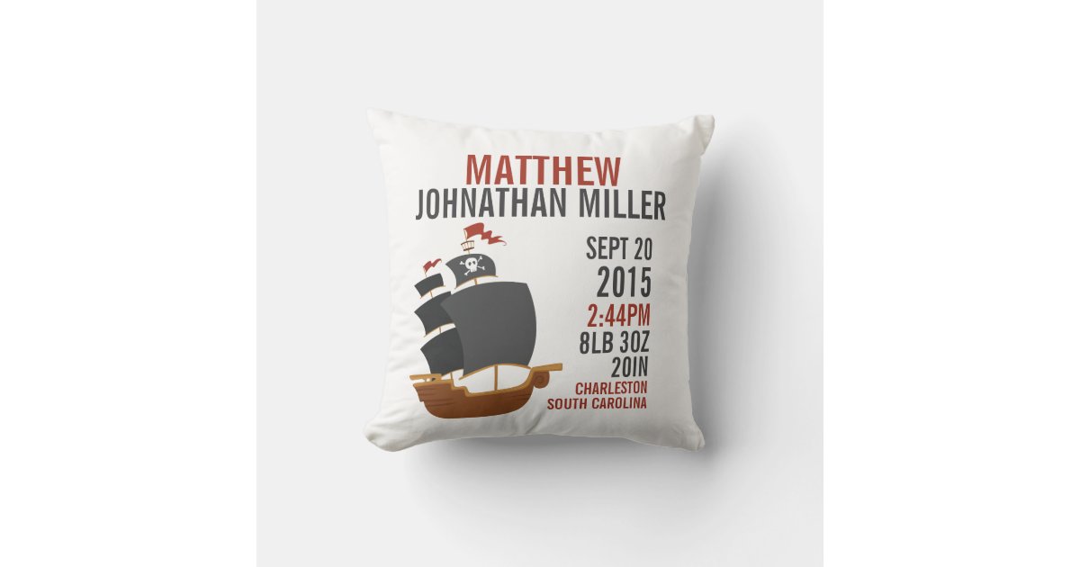 Pirate Ship Birth Announcement Nursery Pillow | Zazzle