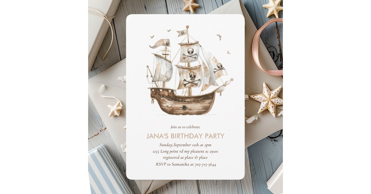 Pirate Ship Brown Nautical Theme Birthday Invitation | Zazzle
