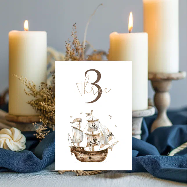 Pirate Ship Brown Nautical Theme Birthday Table Number | Zazzle