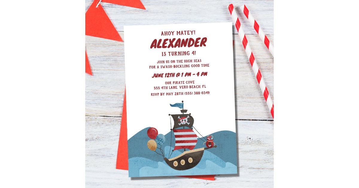 Pirate Ship Nautical Ahoy Boy Birthday Party Invitation | Zazzle