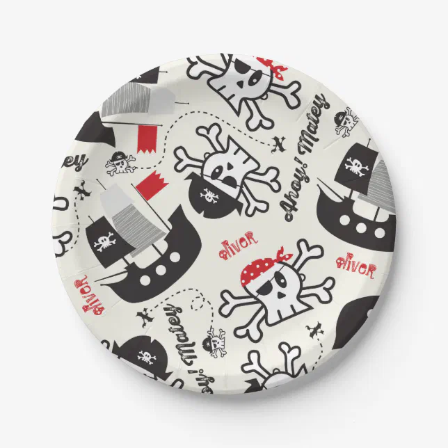 Pirate Ship Skulls Boy Birthday Party Custom Name Paper Plates | Zazzle