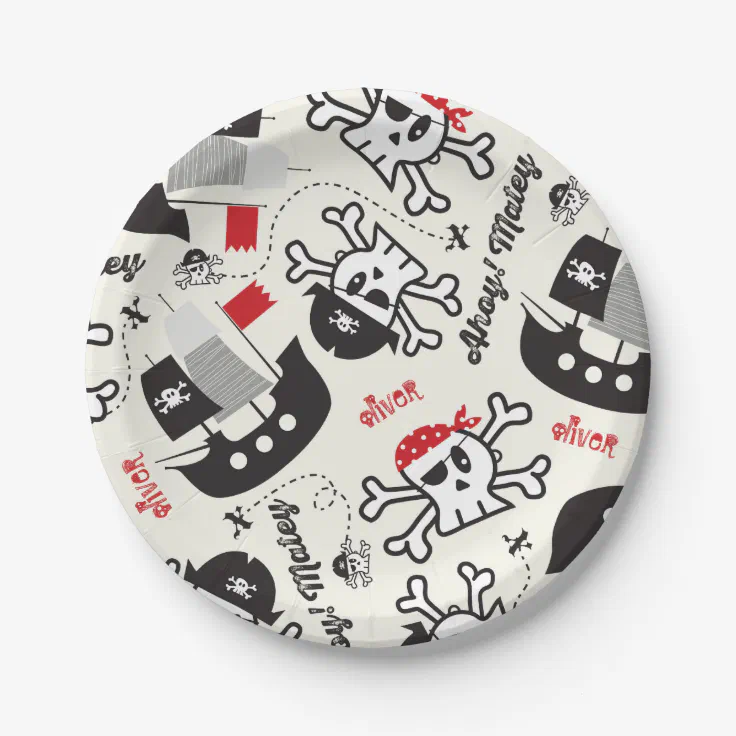 Pirate Ship Skulls Boy Birthday Party Custom Name Paper Plates | Zazzle