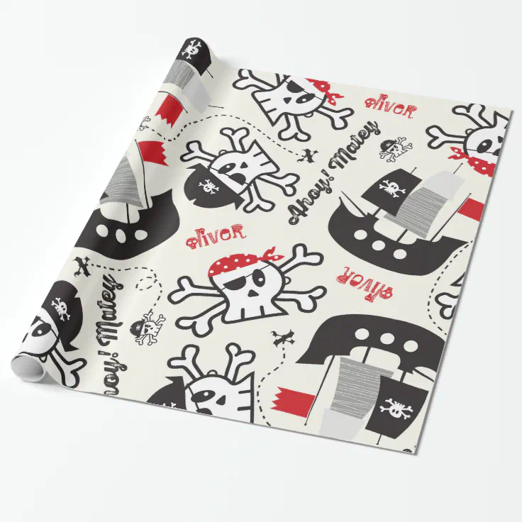 Pirate Ship Skulls Kids Birthday Wrapping Paper | Zazzle