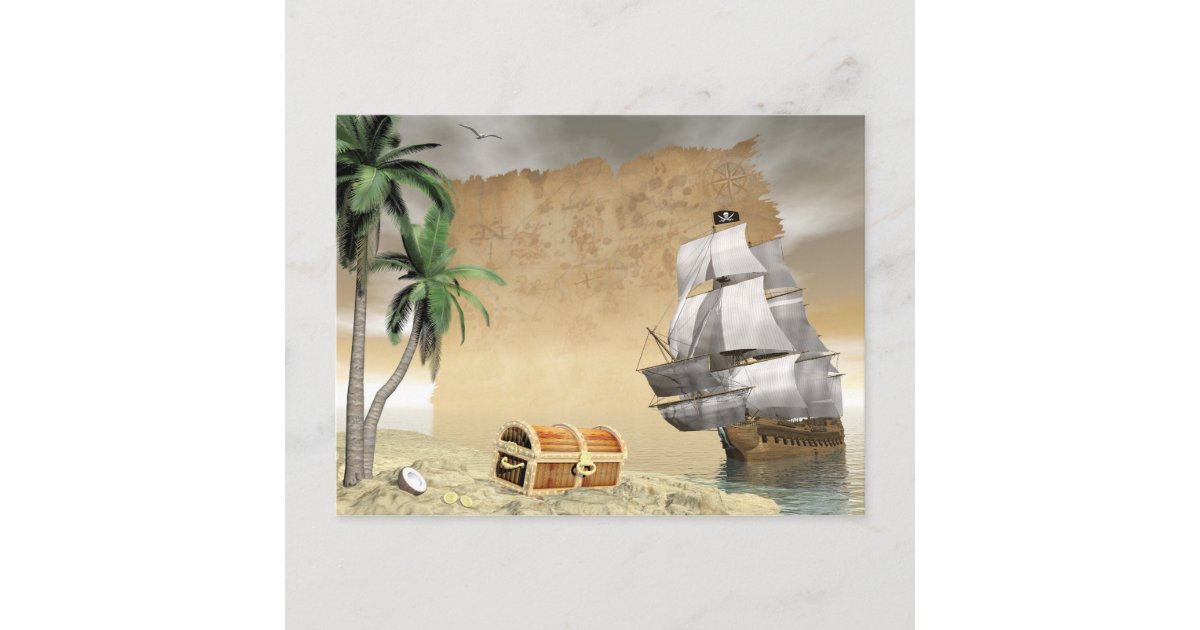Pirate ship that discovers a treasure postcard | Zazzle
