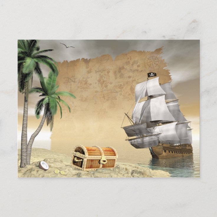 Pirate ship that discovers a treasure postcard | Zazzle