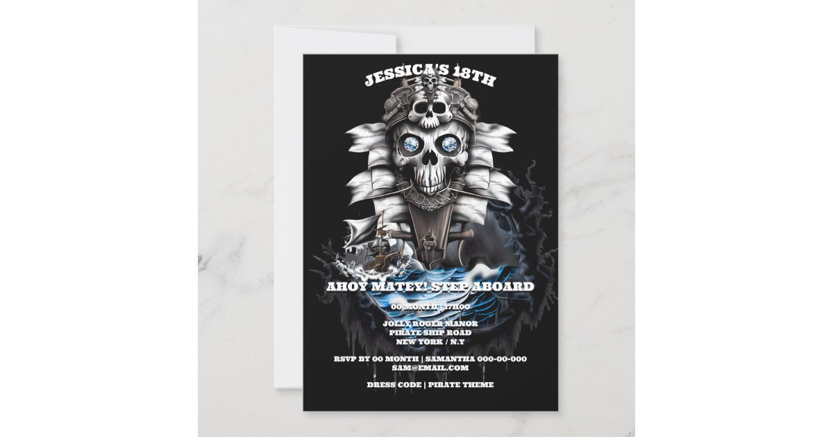 Pirate skull ghost ship ahoy matey theme invitation | Zazzle