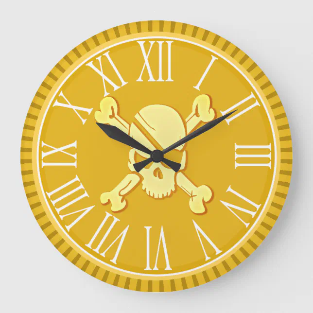 Pirate Skull Gold Coin Treasure Dubloon Large Clock | Zazzle