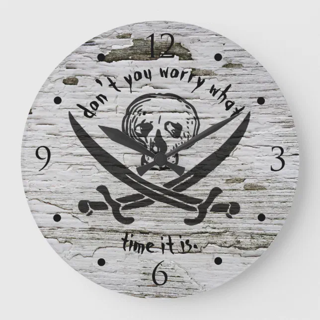 Pirate Skull Warning on Weathered Wood Large Clock | Zazzle
