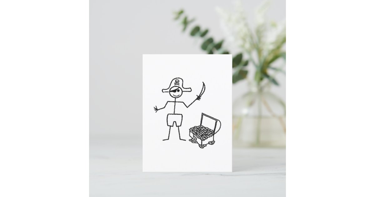 Pirate Stickman With Treasure Chest Postcard | Zazzle