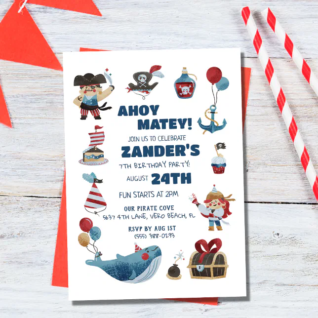 Pirate Theme Ahoy Matey Boys Birthday Party Invitation | Zazzle