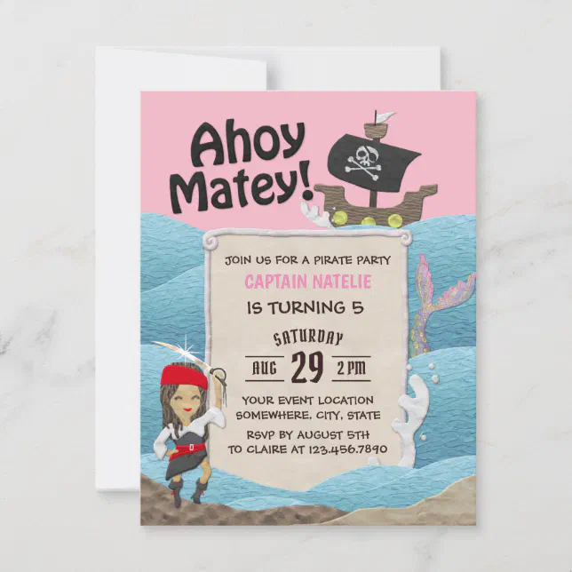 Pirate Theme Captain Girl Birthday Party Invitation | Zazzle