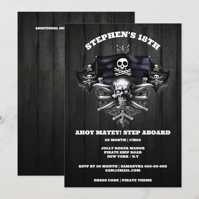 Pirate theme jolly roger ahoy matey skull masthead invitation | Zazzle