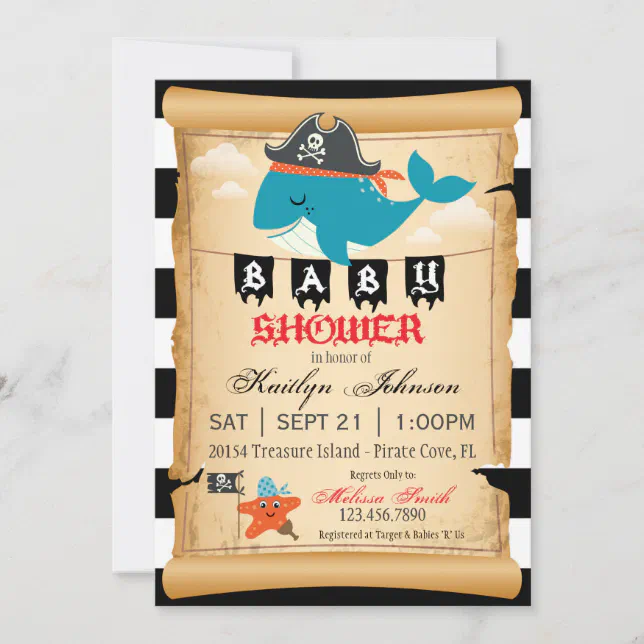 Pirate Whale and Starfish Baby Shower Invitation | Zazzle