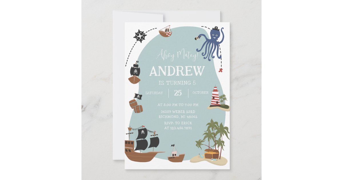 Pirates Birthday Invitation Template Ahoy Matey | Zazzle