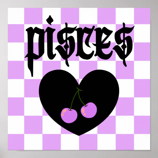 Pisces Gothic Aesthetic Checkered Cherry Art Poster | Zazzle