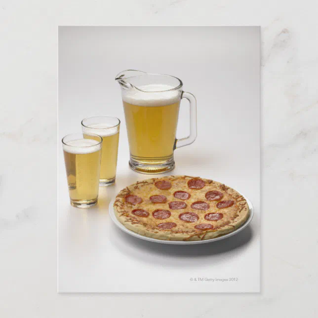 Pitcher and two pints of beer beside pepperoni postcard | Zazzle