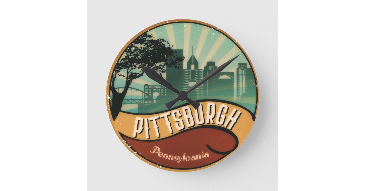 Pittsburgh City Skyline Retro Vintage Wall Clock | Zazzle