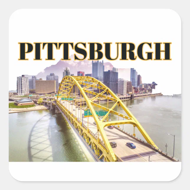 Pittsburgh skyline and Fort Pitt Bridge Square Sticker | Zazzle