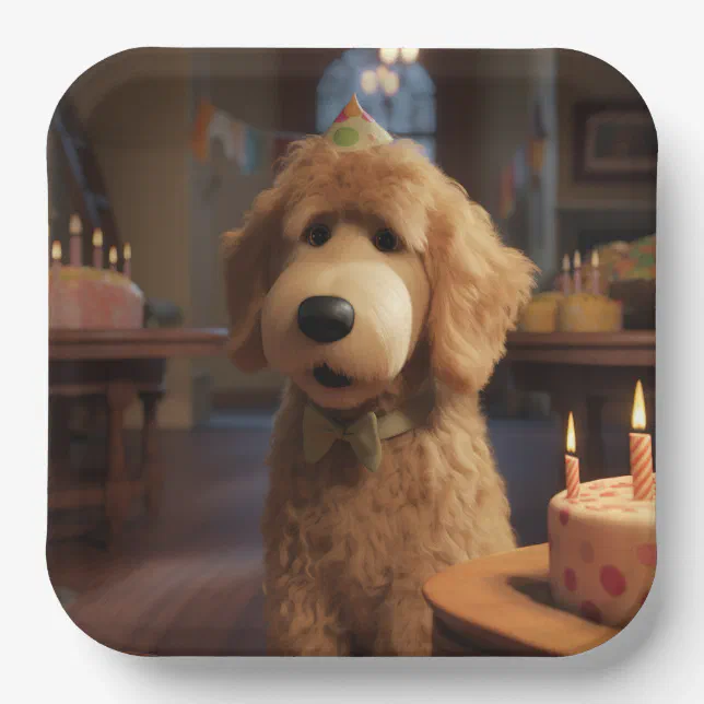 Pixar-Style Goldendoodle Birthday Paper Plates | Zazzle