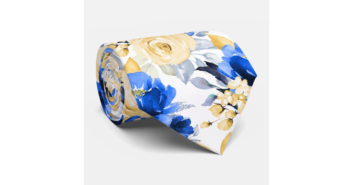 PixDezine H2 Flowers Cerulean Blue Gold Roses Neck Tie | Zazzle