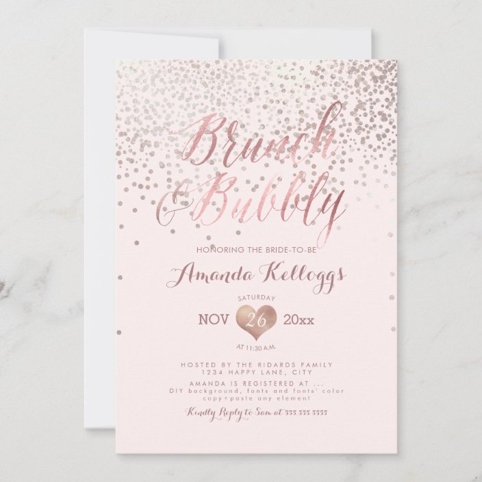 PixDezines Brunch N Bubbly/Rose Gold Confetti Invitation | Zazzle.com