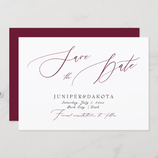 PixDezines Burgundy Elegant Script Save the Date Invitation | Zazzle