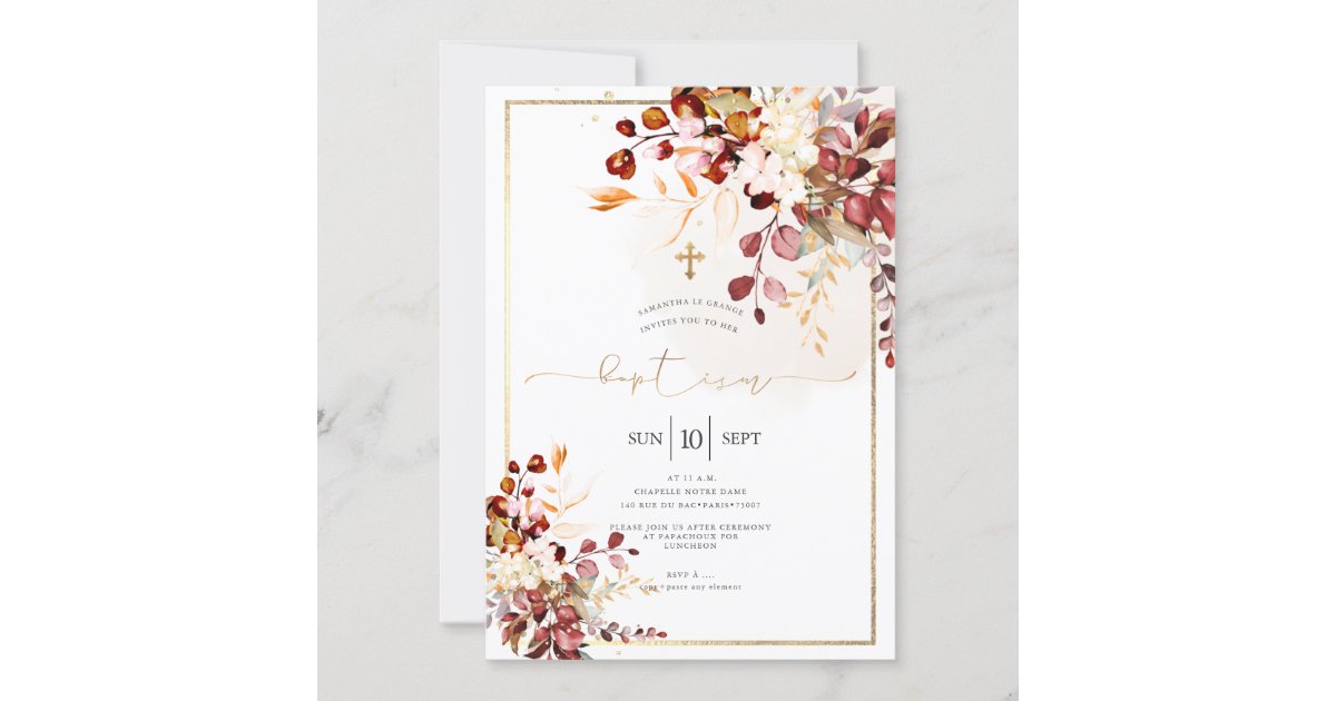 PixDezines Fall Foliage Rustic Watercolor Baptism Invitation | Zazzle