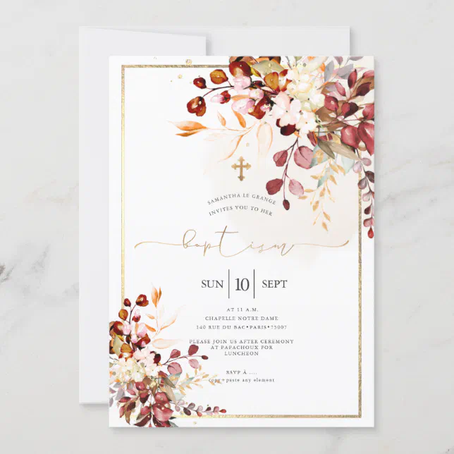PixDezines Fall Foliage Rustic Watercolor Baptism Invitation | Zazzle