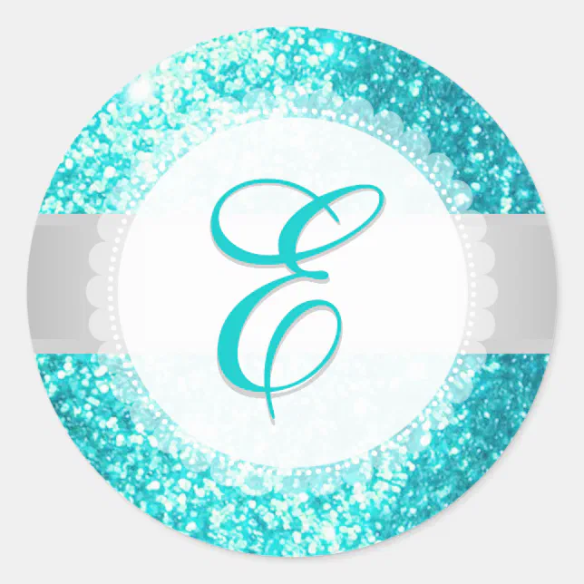 PixDezines FAUX GLITTER MONOGRAM | AQUA BLUE Classic Round Sticker | Zazzle