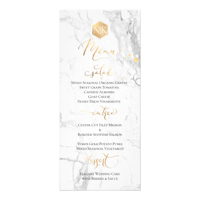 PixDezines Faux Gold Menu on Marble Fancy Script | Zazzle