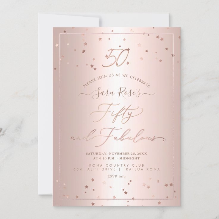 PixDezines Fifty + Fabulous Rose Gold Stars Invitation | Zazzle