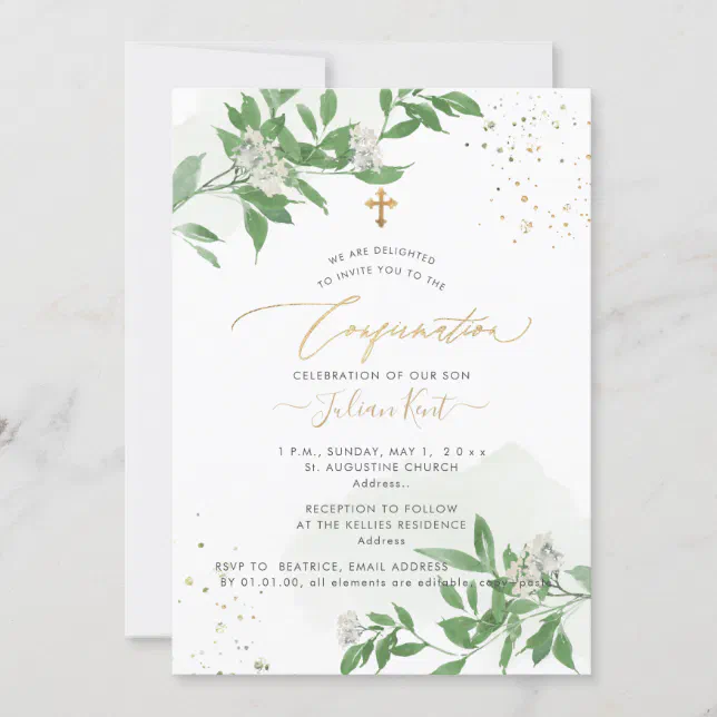 PixDezines H2 Greenery White Blossoms Confirmation Invitation | Zazzle