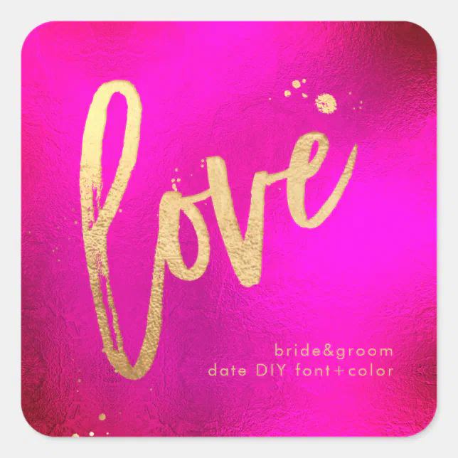 PixDezines hot+flashy pink faux gold love Square Sticker | Zazzle