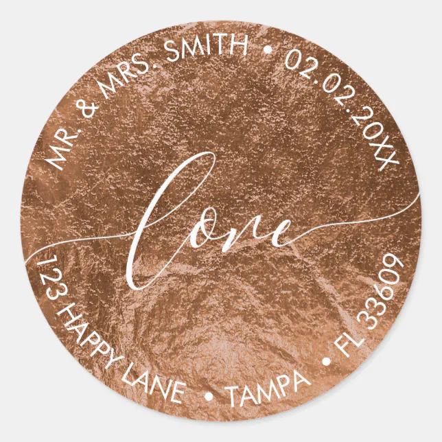 PixDezines LOVE FAUX FOIL, COPPER Classic Round Sticker | Zazzle