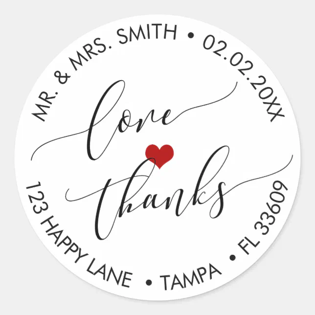 PixDezines LOVE+THANKS+HEART Classic Round Sticker | Zazzle