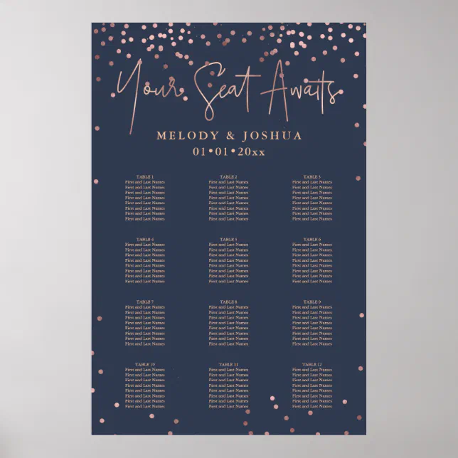 PixDezines Navy+Rose Gold Script, Seating Chart | Zazzle