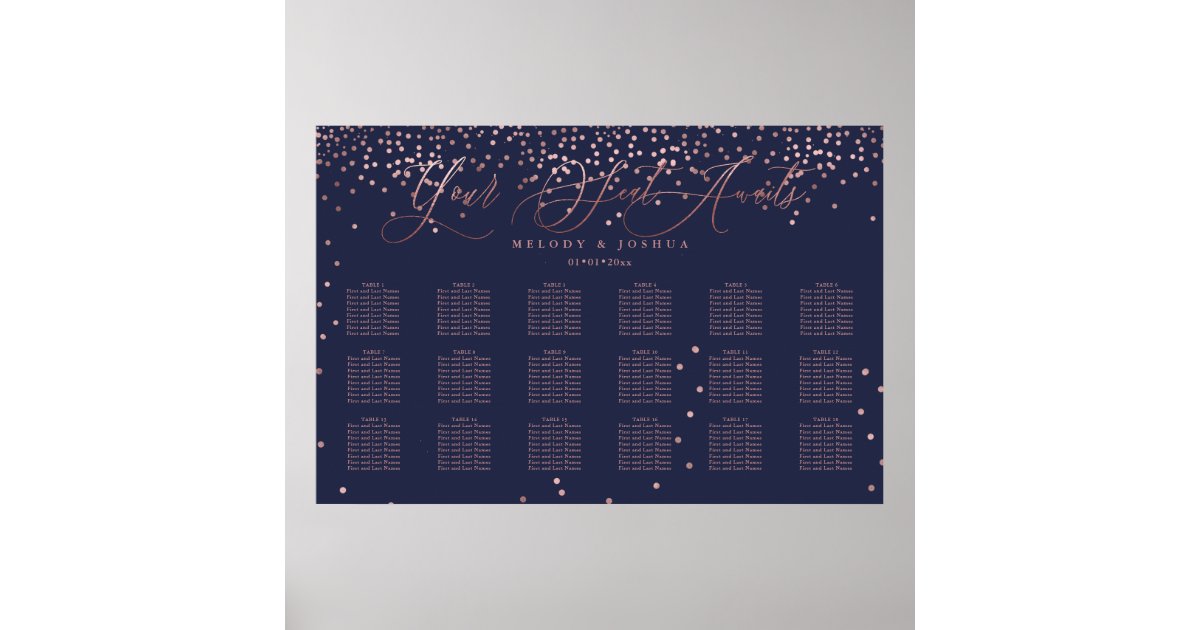 PixDezines Navy+Rose Gold Script, Seating Chart | Zazzle