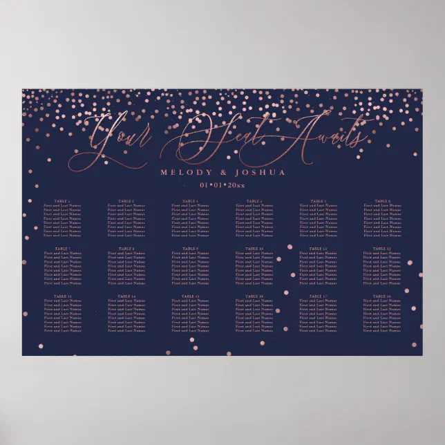 PixDezines Navy+Rose Gold Script, Seating Chart | Zazzle
